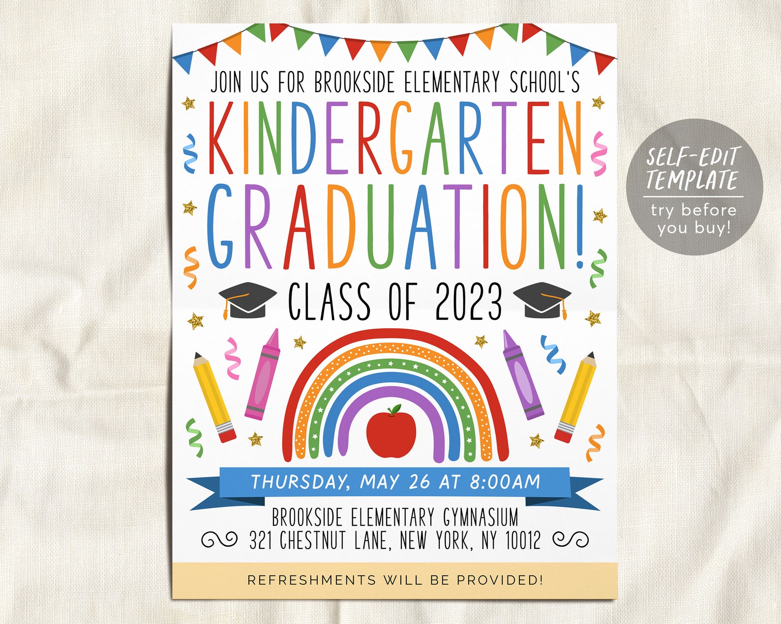Kindergarten Graduation Invitation Flyer Editable Template, Preschool ...