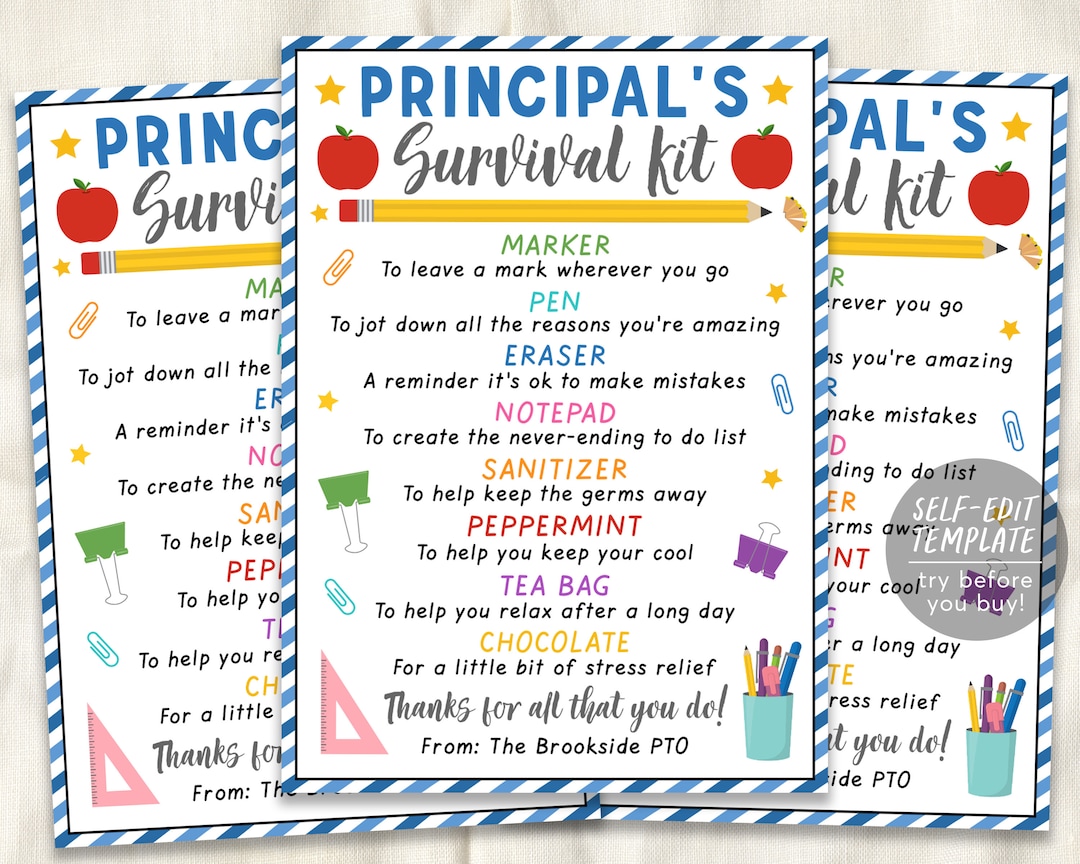 School Principal Survival Kit Editable Template, Principal Appreciation ...