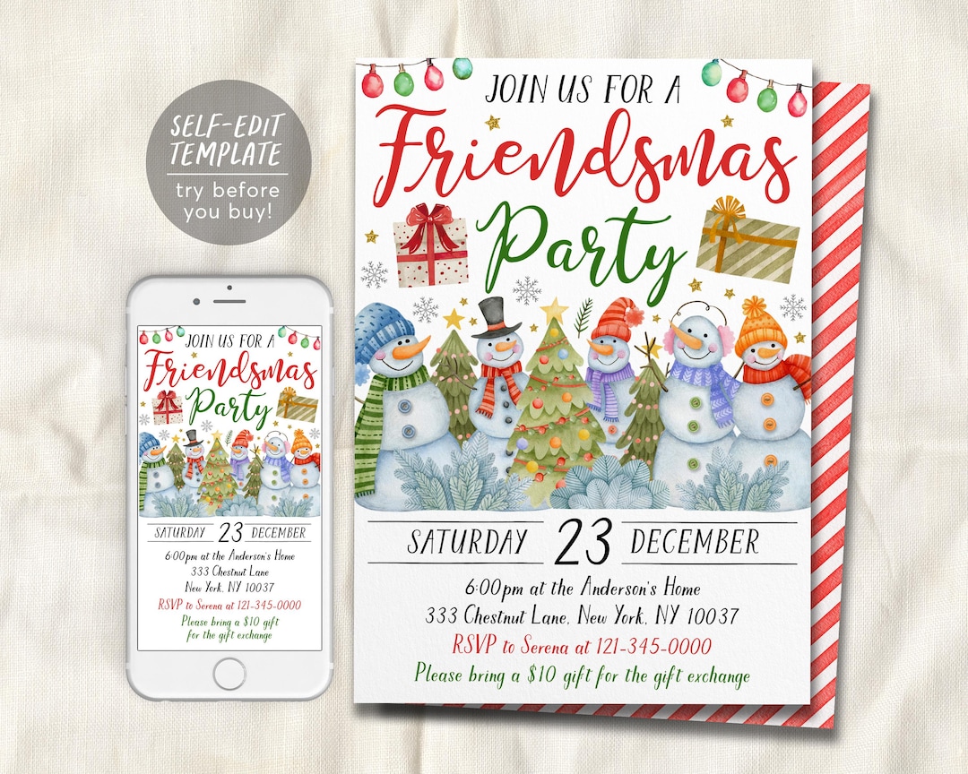 Friendsmas Party Invitation Editable Template, Snowman Christmas Party ...