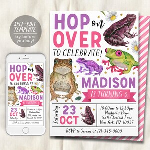 Frog Birthday Invitation Editable Template, Girl Hop on Over Frogs ...