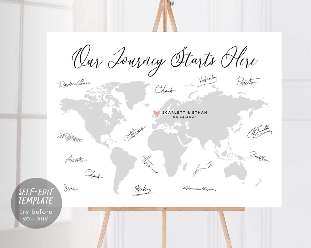 Editable World Map Guest Book Alternative Template, Travel Themed ...