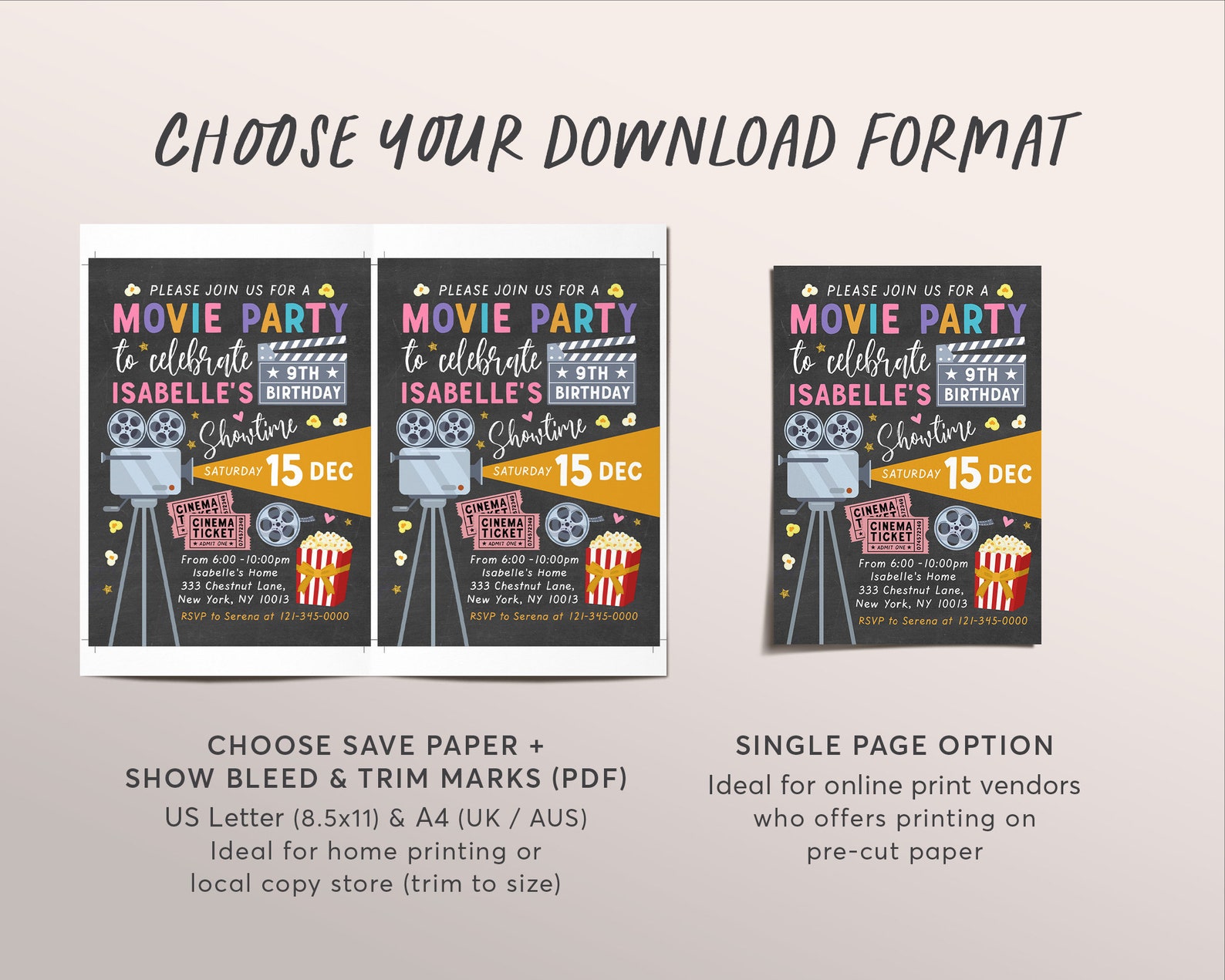 Movie Night GIRL Birthday Invitation Editable Template Cinema - Etsy