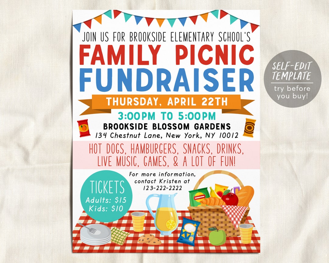 Family Picnic Fundraiser Flyer Editable Template, Spring Summer School ...