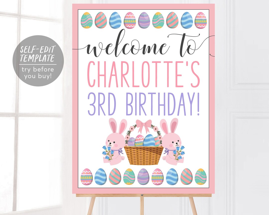 Easter Girl Birthday Welcome Sign Editable Template, Bunny Spring ...