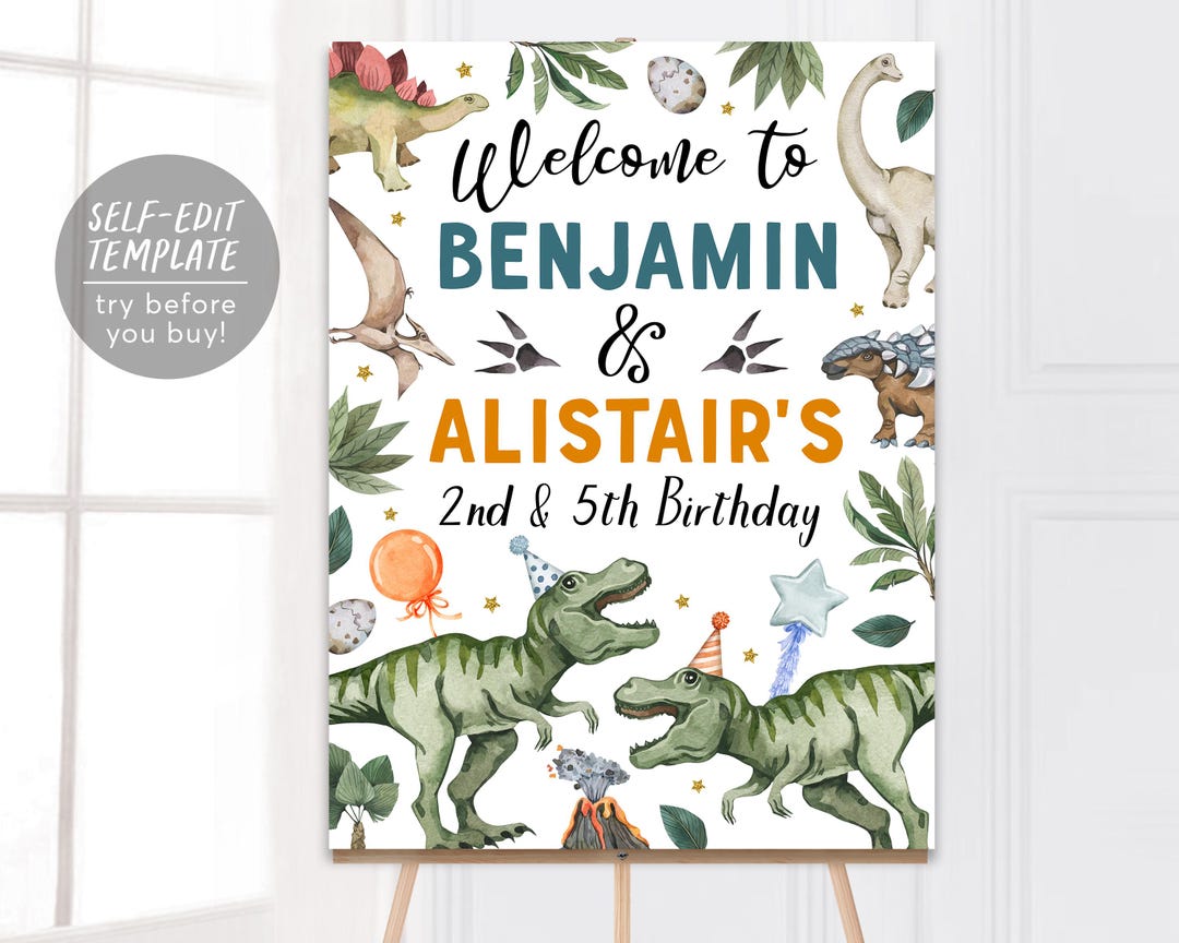 Siblings Dinosaur Joint Double Birthday Welcome Sign Editable Template ...