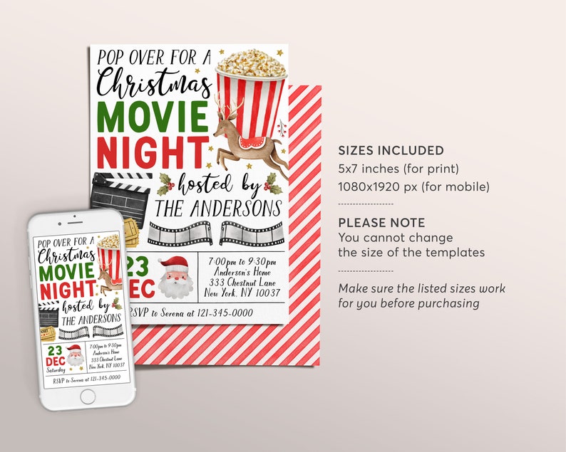 Christmas Movie Night Invitation Editable Template, Kids Backyard ...