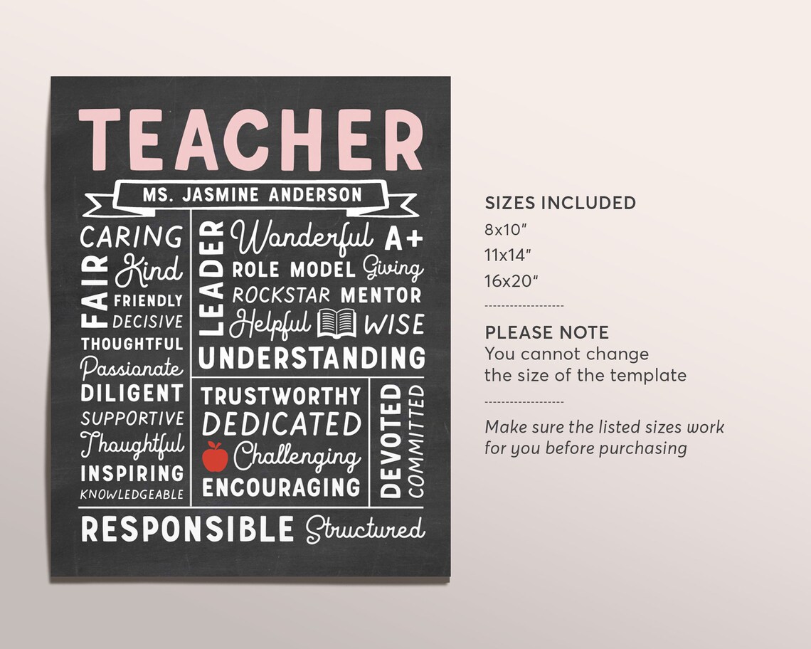Editable Teacher Chalkboard Gift Print Template Personalized - Etsy