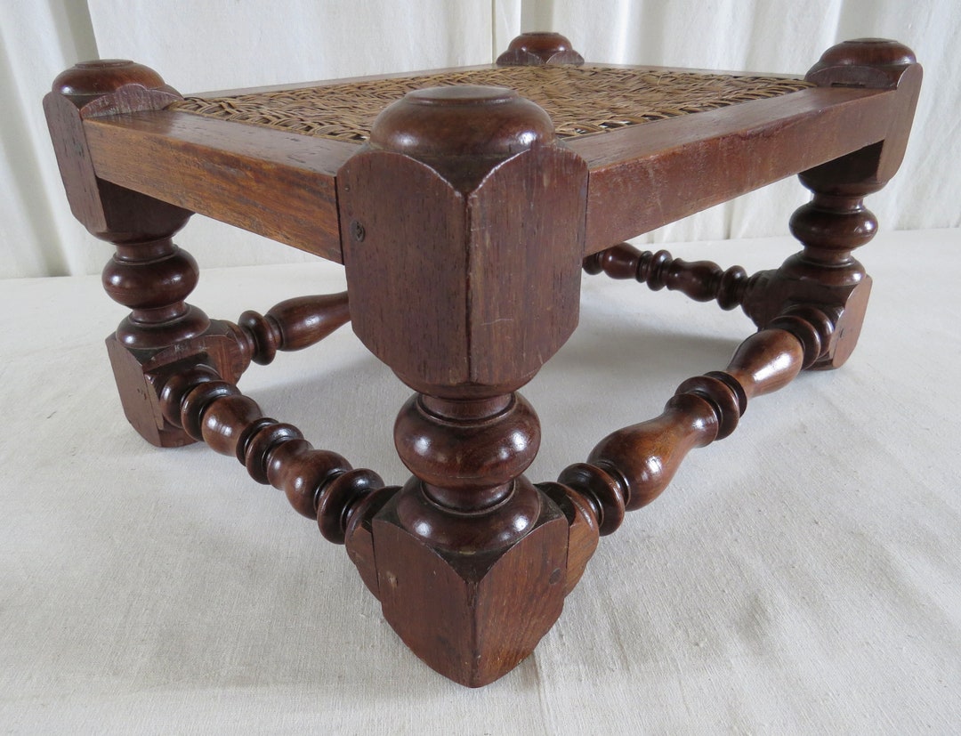ANTIQUE OAK STOOL / Foot Stool / Oak, Rosewood and Cane Early 20th ...