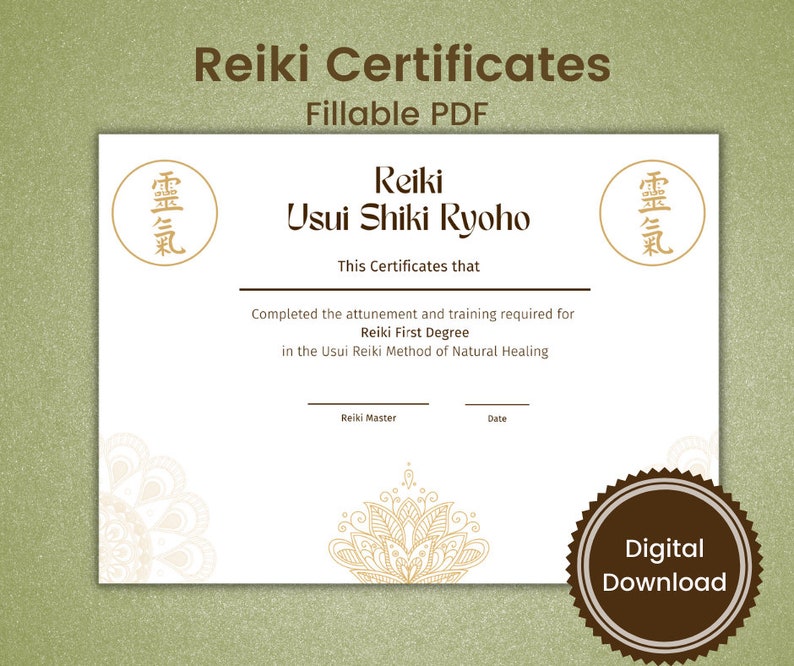 Reiki Certificates Levels I, II, III and Master, Editable PDF, Reiki ...