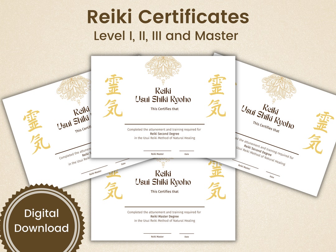 Reiki Certificates Levels I, II, III and Master, Editable PDF, Reiki ...