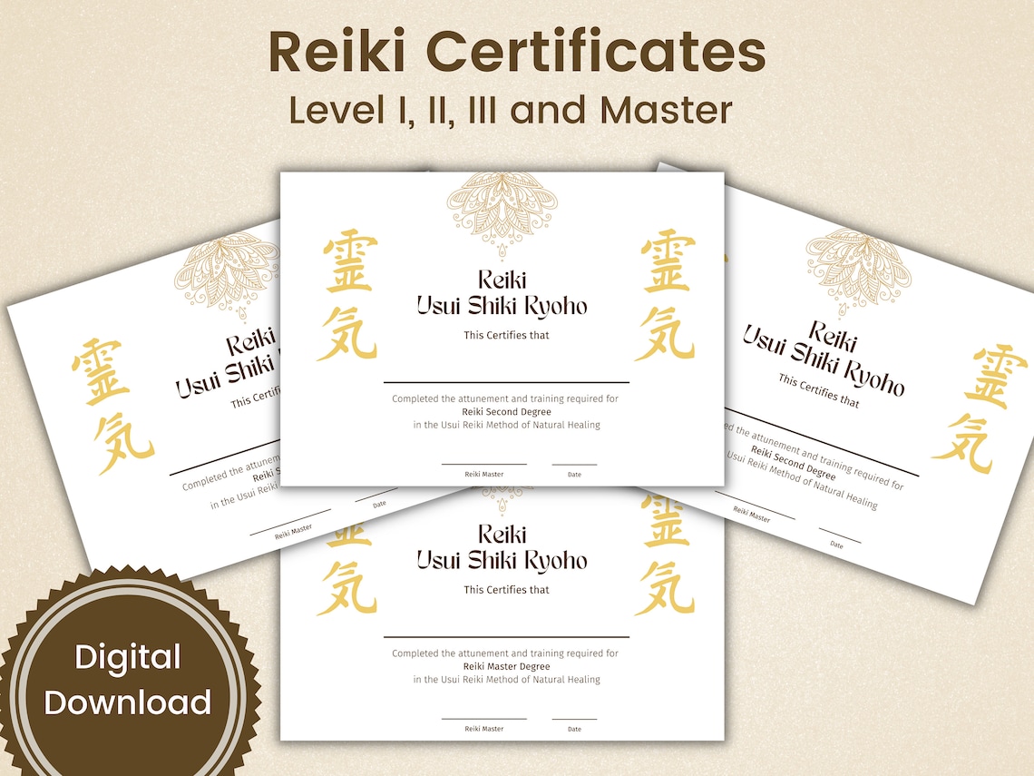 Reiki Certificates - Levels I, II, III and Master, Editable PDF, Reiki ...