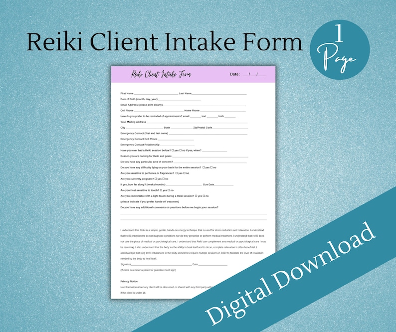 Reiki Forms - Printable Client Intake Form & Session Template for ...
