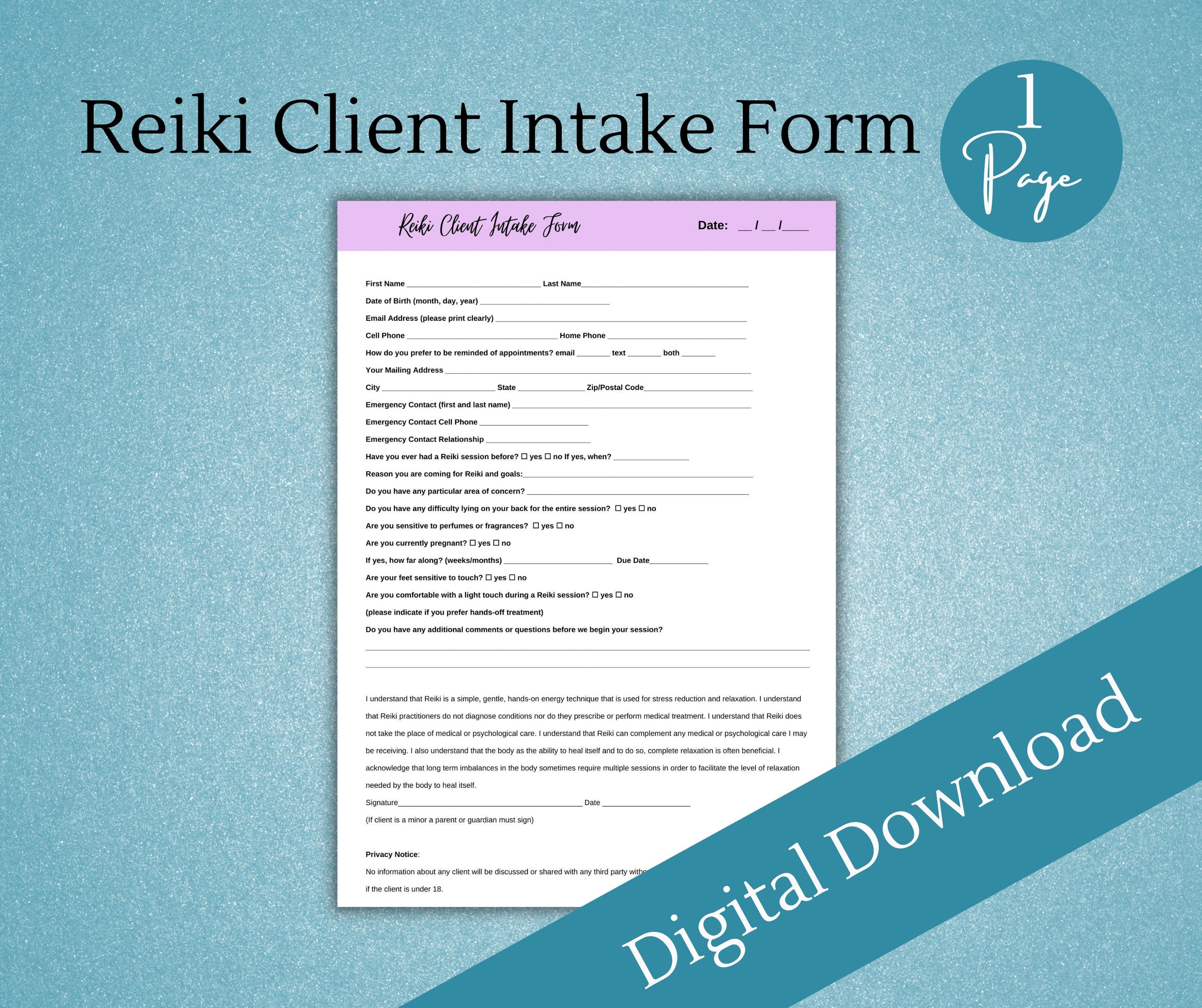 Reiki Forms - Printable Client Intake Form & Session Template for ...