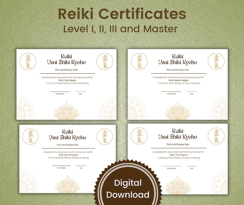 Reiki Certificates Levels I, II, III and Master, Editable PDF, Reiki ...