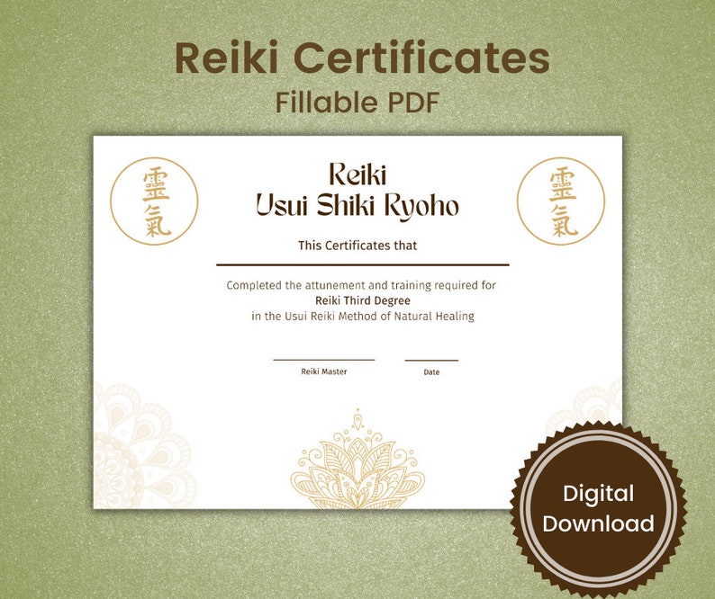 Reiki Certificates Levels I, II, III and Master, Editable PDF, Reiki ...