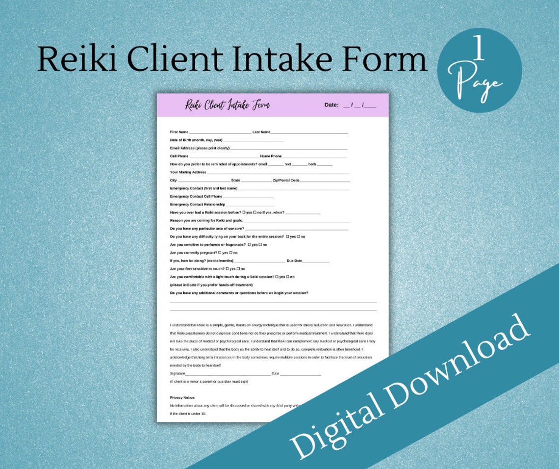 Reiki Forms - Printable Client Intake Form & Session Template for ...