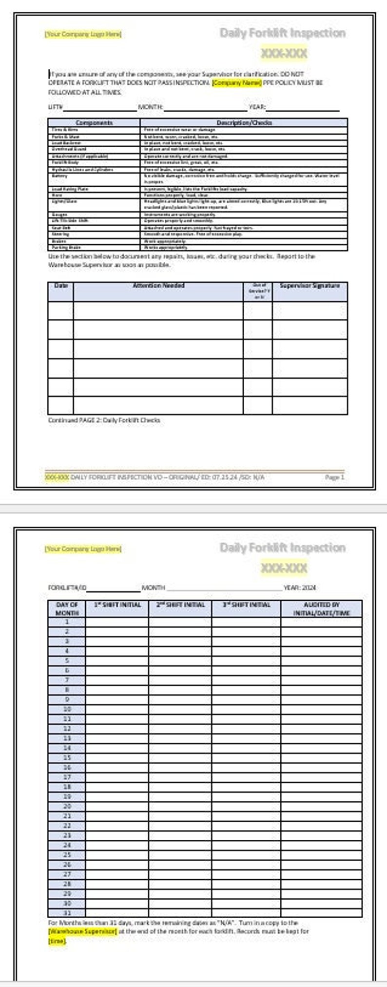 DAILY FORKLIFT INSPECTION Checklist/template - Etsy