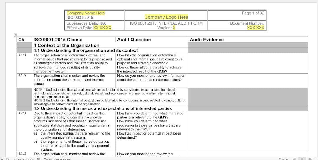 ISO Auditing Checklist internal/external Entire Standard & Working ...