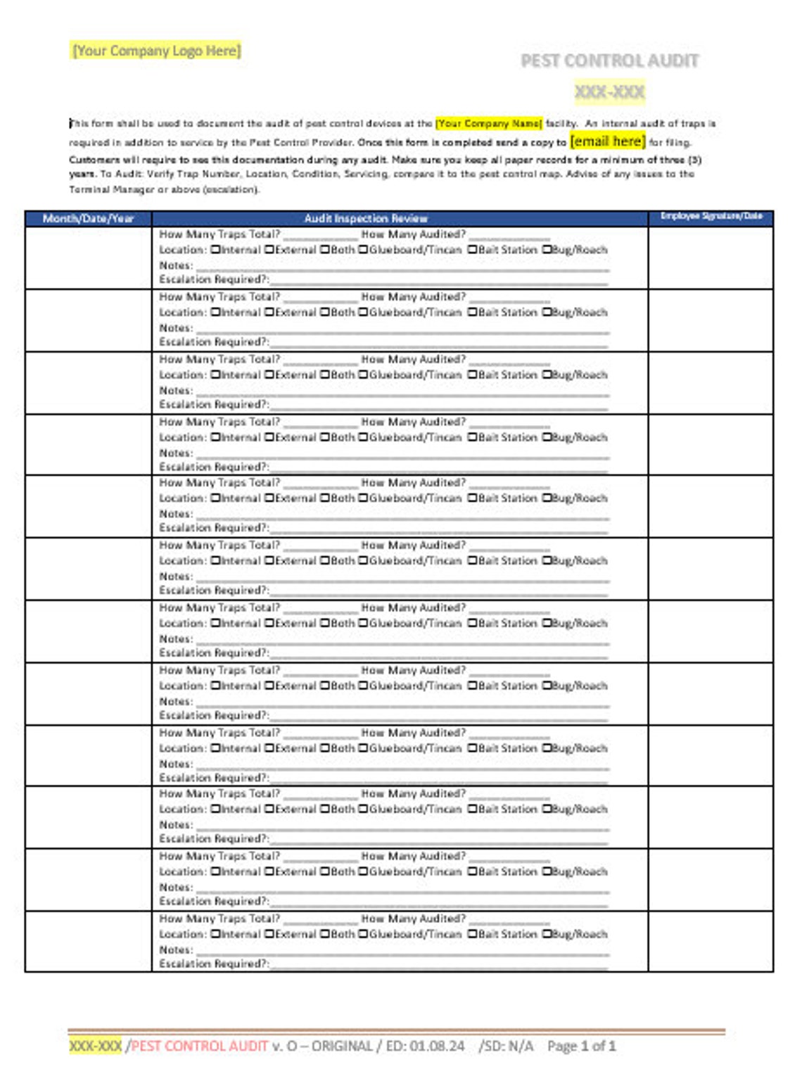 HACCP Compliant Pest Control Audit Form - Etsy