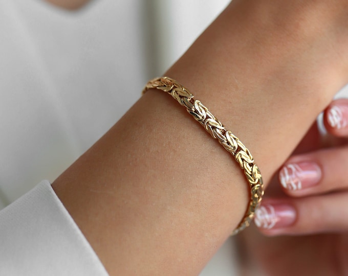 14k Real Gold Bali Flat Byzantine Chain Bracelet King Chain - Etsy
