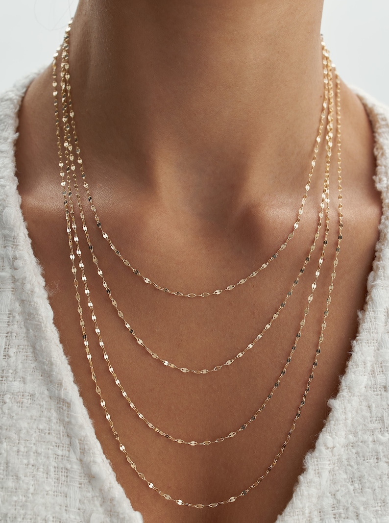 14k Solid Gold Sequin Faceted Chain Necklace, 1.5 Mm Mirrored Dainty ...