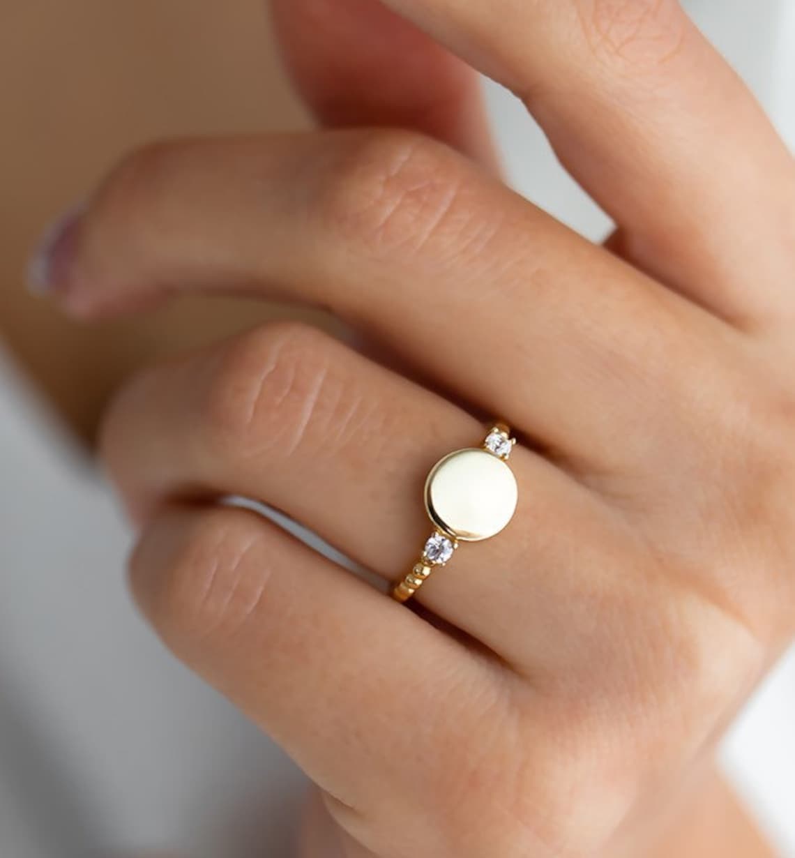 14k Solid Gold Disc Ring, İnitial Ring, Personalization Ring, Name Ring ...