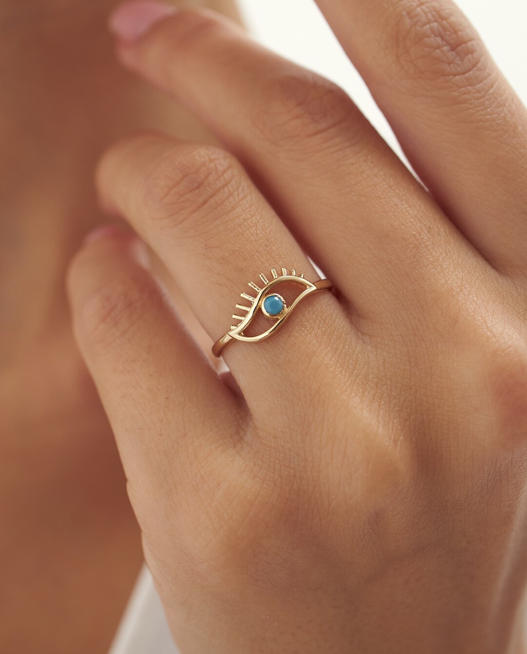 Turquoise Eye 14k Real Gold Ring, Eye Shaped Ring, Dainty Minimalist ...