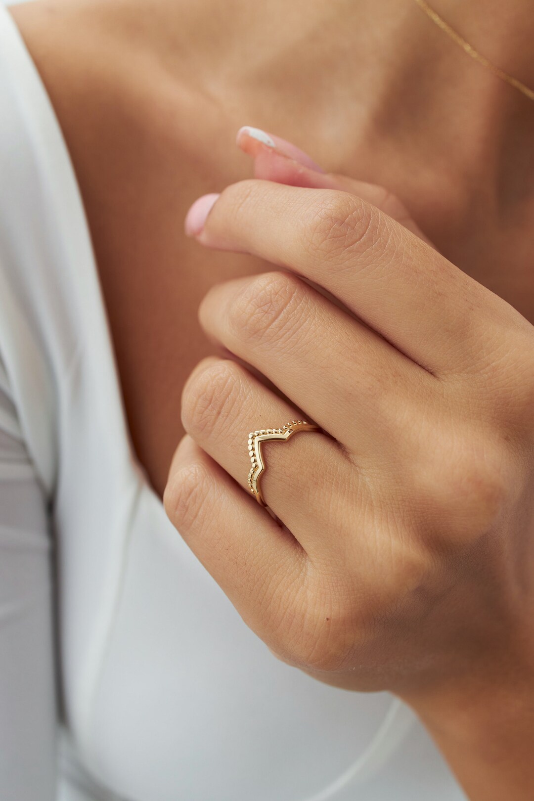 Beaded V Shaped 14k Real Gold Stackable Ring, Curved Band Ring, Real ...