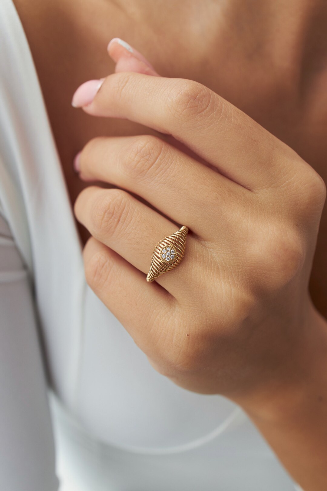 New Fashioned 14k Solid Gold Diamond Ring, Modern Style Ring, Real Gold ...