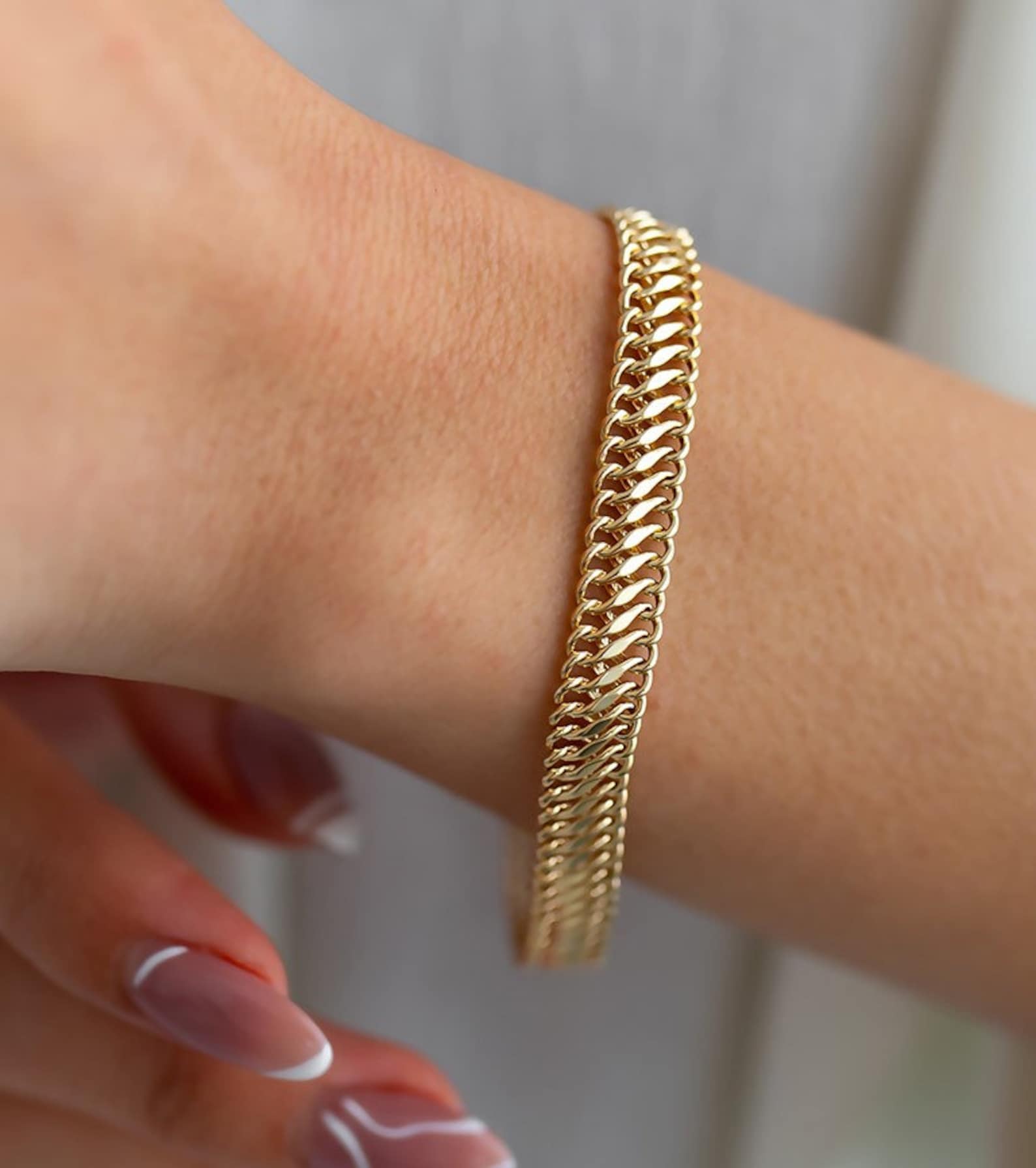 Double Curb Chain 14k Real Gold Bracelet, 8.3 Mm Chain Bracelet, Vienna ...