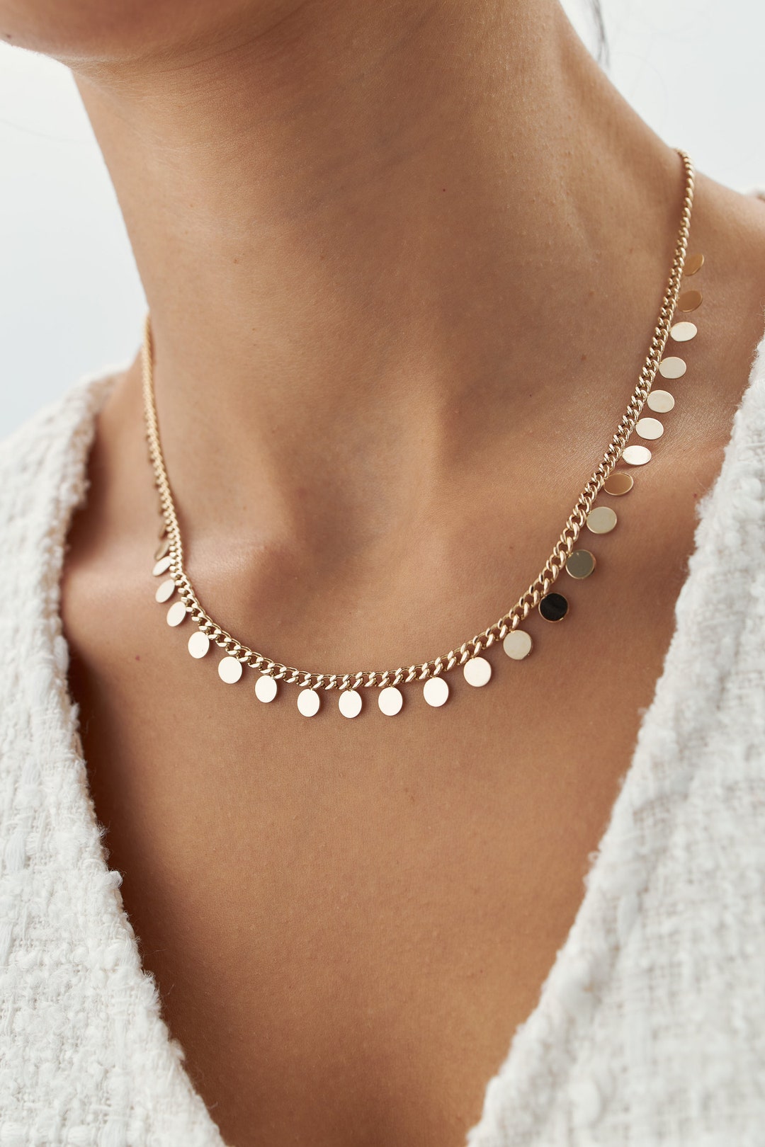 Dangling Discs 14k Real Gold Necklace, Engraveble Disc Necklace, Bold ...