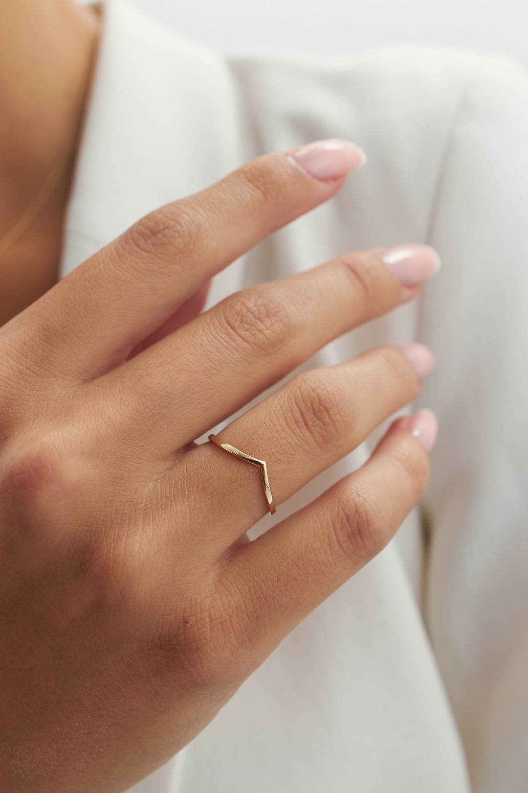 Dainty Stackable V Shaped 14k 18k Solid Gold Ring, Chevron Contoured ...