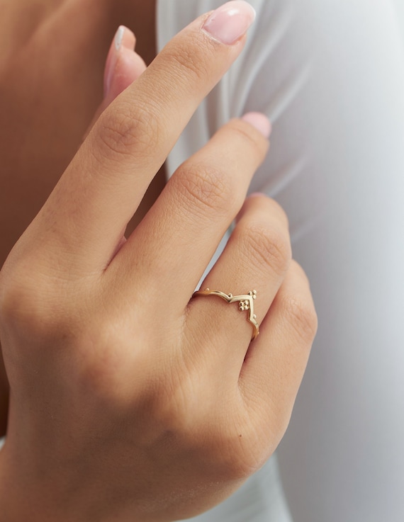Retro Style V Shaped 14k Solid Gold Ring Stacking Ring Old Fashioned Ring Real Gold Jewellery Bohemian Matching Wedding Band