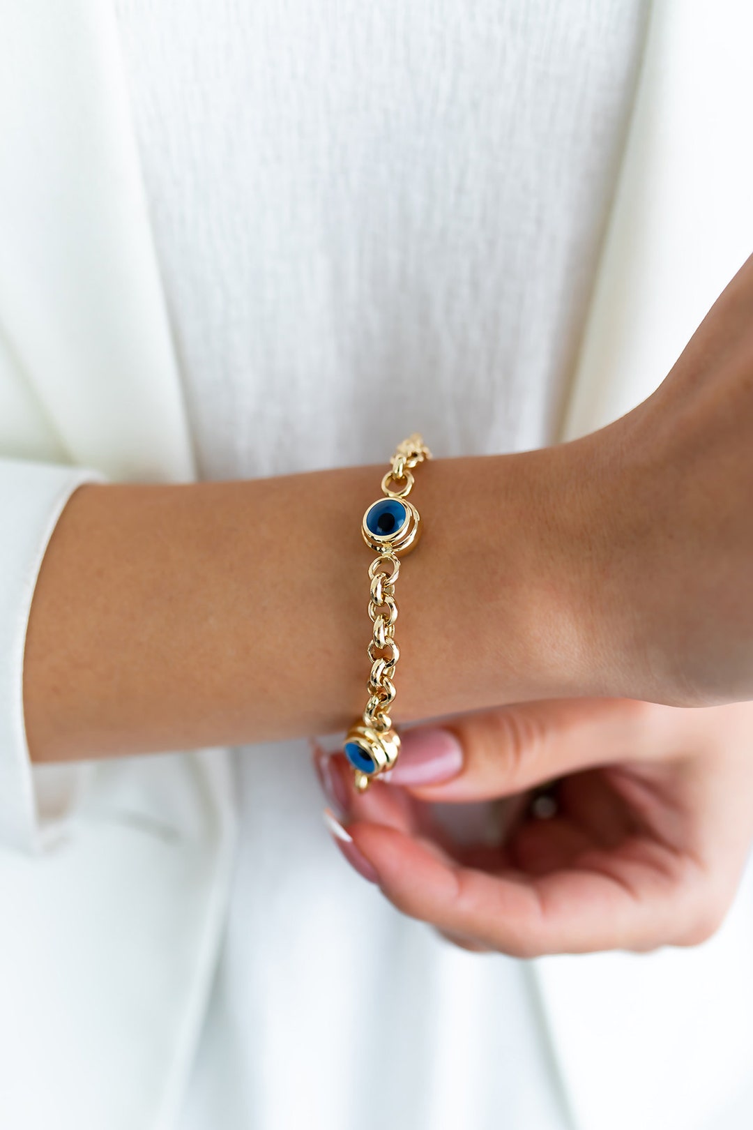14k Solid Gold Evil Eye Bracelet 12,3 Gr, Bold Bracelet, Gold Rolo Chain Bracelet With Eye Charm ...