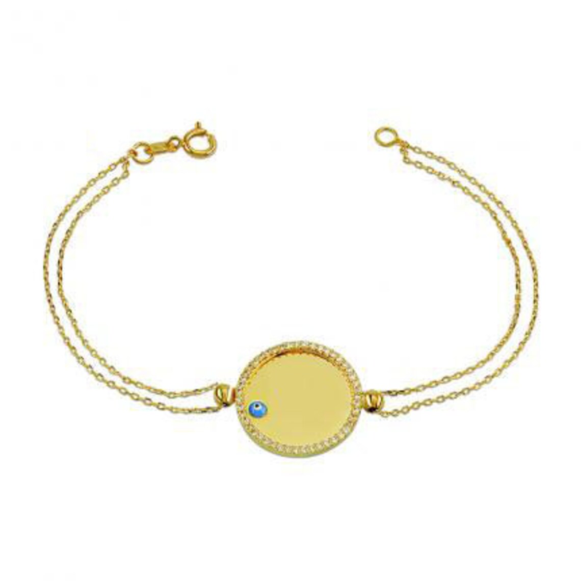 Evil Eye Disc Name Tag Enameled14k Solid Gold Bracelet - Etsy
