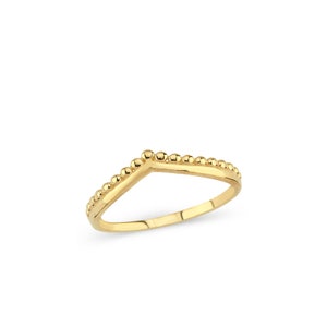 Beaded Chevron Band 14k Solid Gold Ring, V Shaped Stackable Ring ...