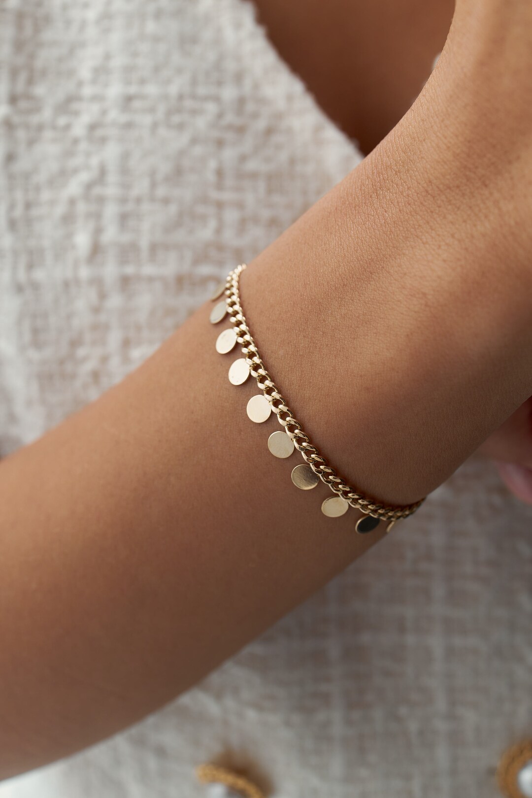 Dangling Discs 14k Real Gold Bracelet & Anket, Bold Statement Bracelet ...