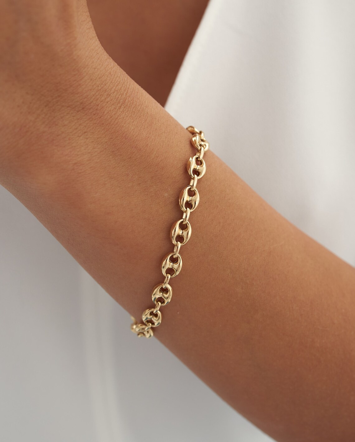 Puffed Anchor Mariner 14k Real Gold Link Bracelet, 7 Mm Anchor Chain ...