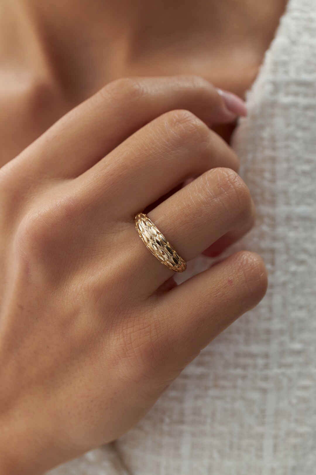 Snakeskin Dome 14k Gold Ring, Snake Croissant Ring, Dome Band Ring ...
