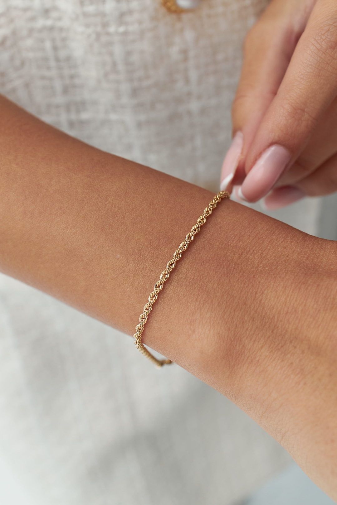 14k Real Gold Rope Chain Bracelet, 2.3 Mm Rope Chain, Twisted Chain ...