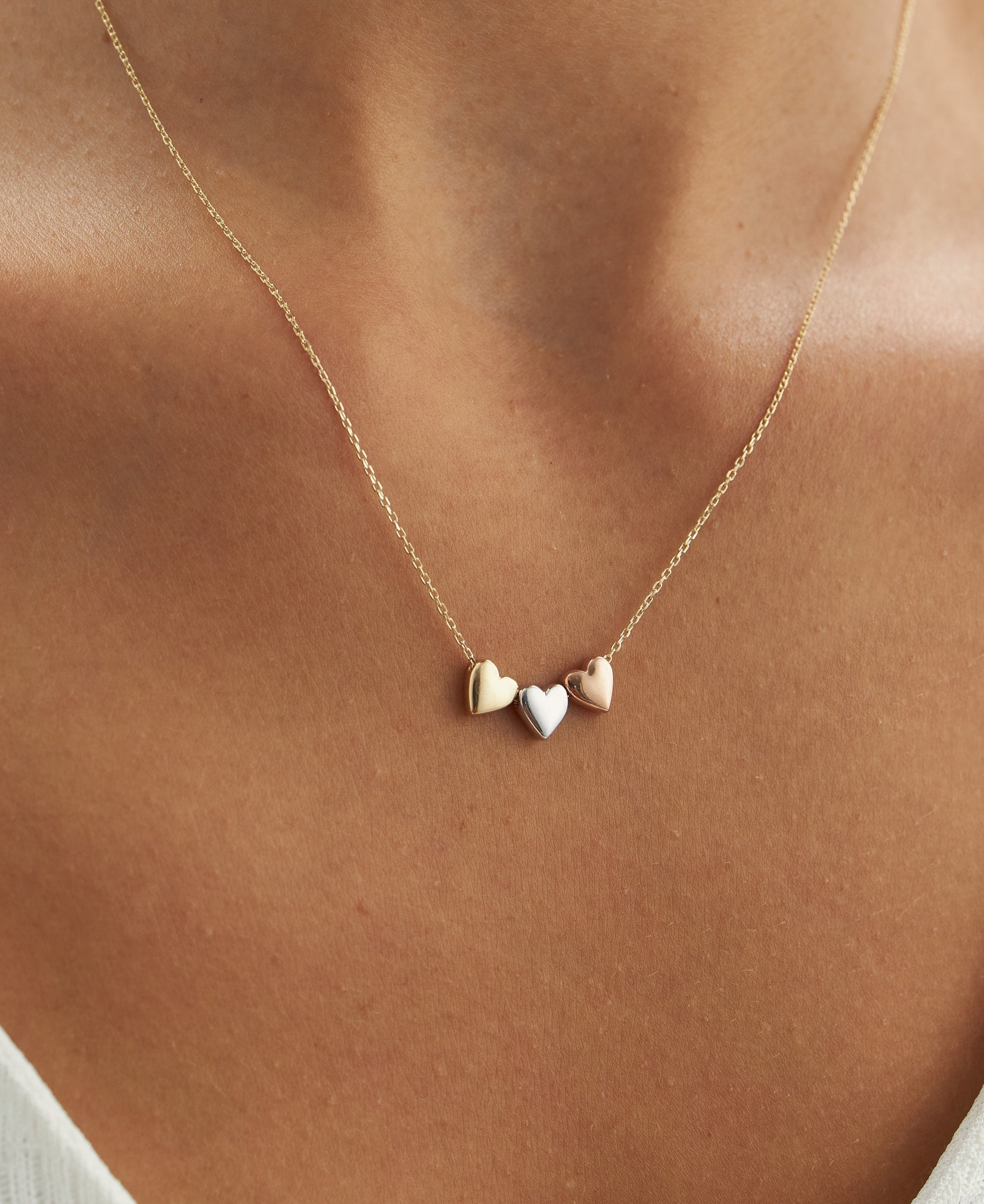 Triple Heart 14k Solid Gold Necklace, Dainty Necklace, Multicolored ...