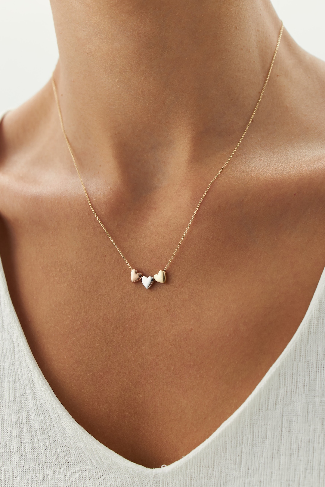 Triple Heart 14k Solid Gold Necklace, Dainty Necklace, Multicolored ...