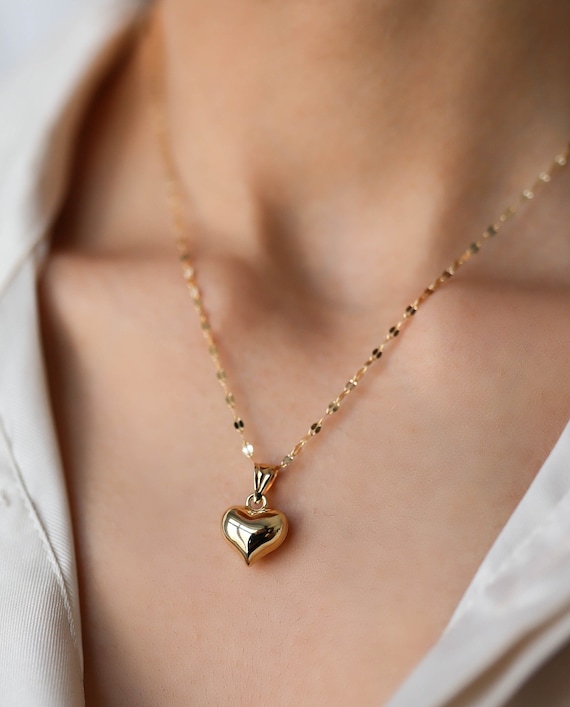 14k Gold 3D Heart Necklace Mid Size Puffy Heart Pendant with Sequin Chain Real Gold Jewellery Gift for Her Price Performance Gold Necklace