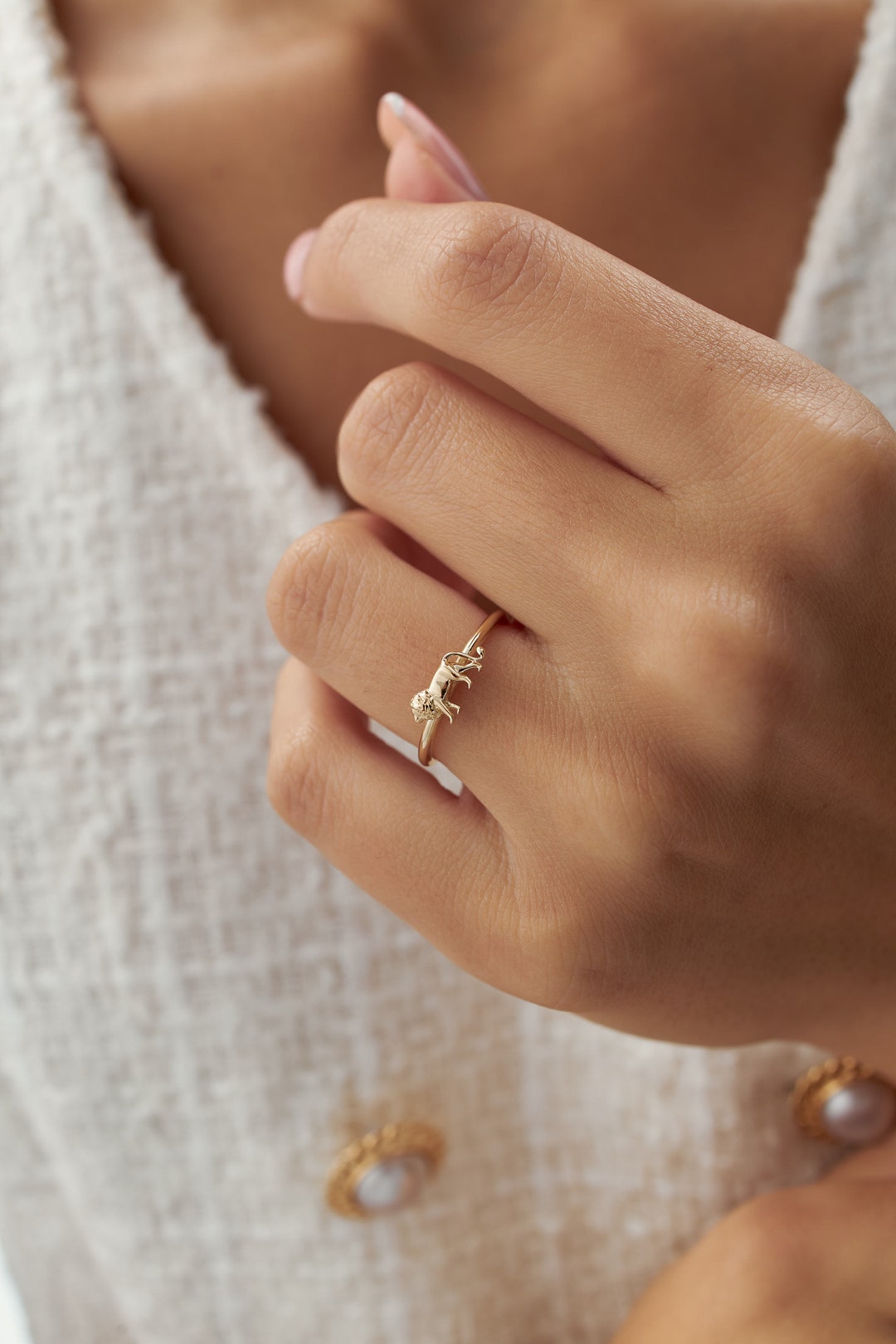 14k Solid Gold Lion Ring, Stacking Ring, Animal Gold Ring, Leo Zodiac Ring, Minimal Stackable ...