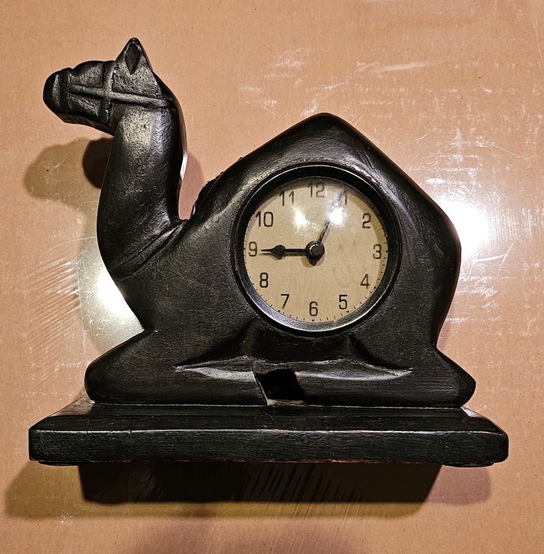 Vintage Carved Wooden Camel Mantle Shelf Clock With Dark Mahogany ...