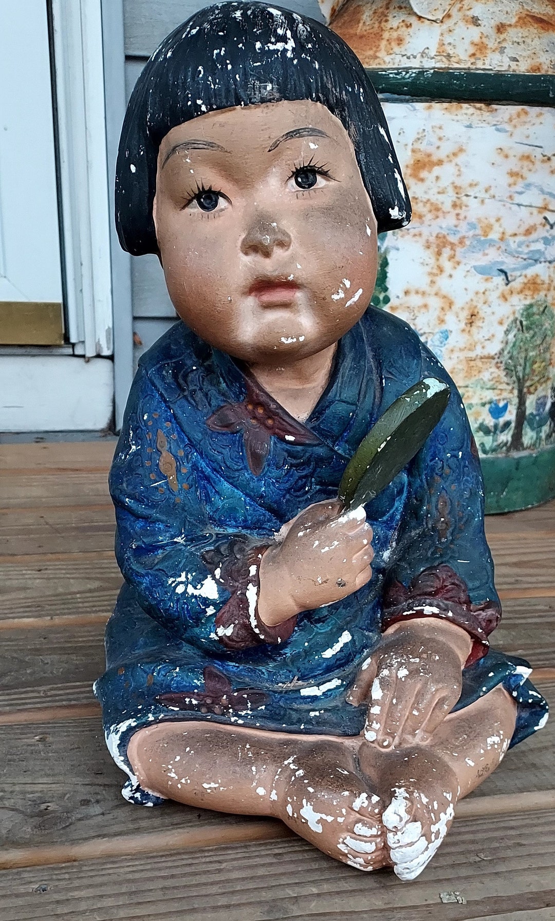 Antique CHALKWARE - Asian Child Sculpture With Toy in Hand 16" T ...
