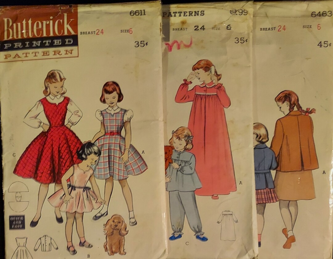Vintage 1950s Butterick 6611, 6199 & 6463, Girl's Sewing Patterns, Size ...