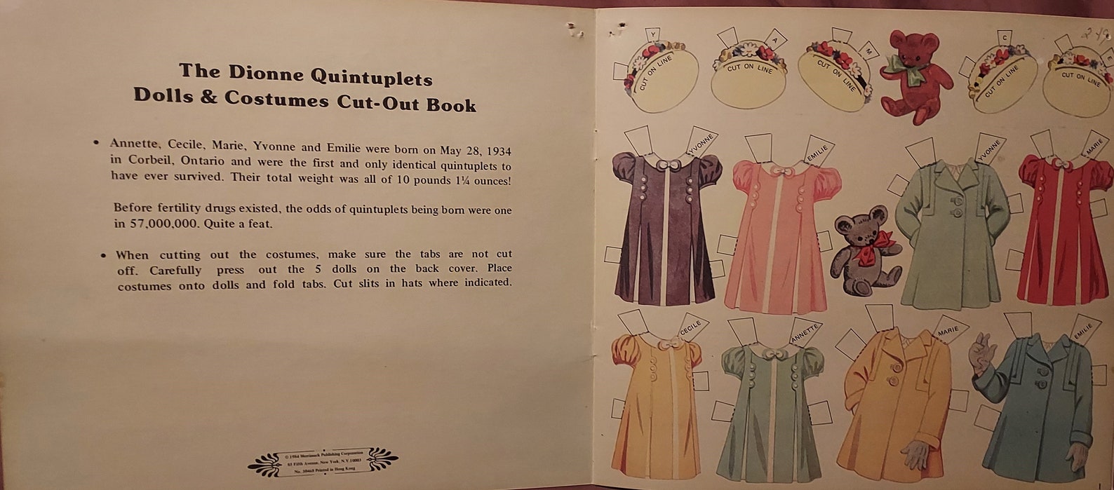Vintage Dionne Quintuplets Paper Dolls & Costumes Book 1984 - Etsy
