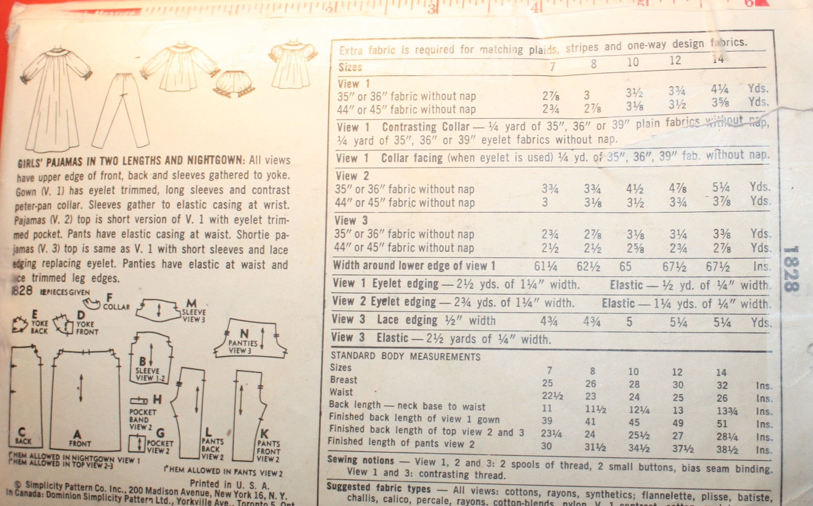 Vintage 1950s Simplicity Pattern #1828, Girls' Pajamas & Nightgown, Size 12