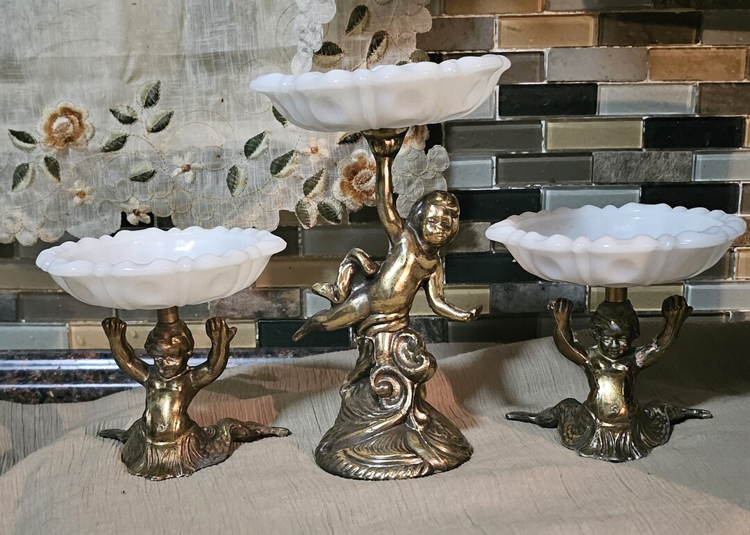 Vintage Cast Brass & Milk Glass Cherub Pedestal Candy Dish, Jewelry ...